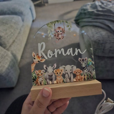 Personalised LED Animal Lamp, Kids Night Light Gift, Safari Jungle ...