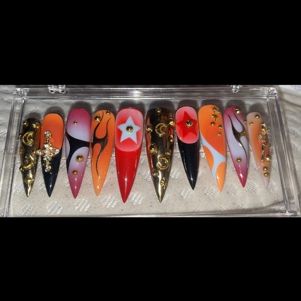 Bold Color Airbrush Long Stiletto Press on Nails, 3D Glam Goth False ...