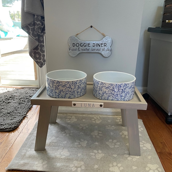 Modern Elevated Dog Feeder | Pretty Girl Dog Bowl Stand | Personalized ...