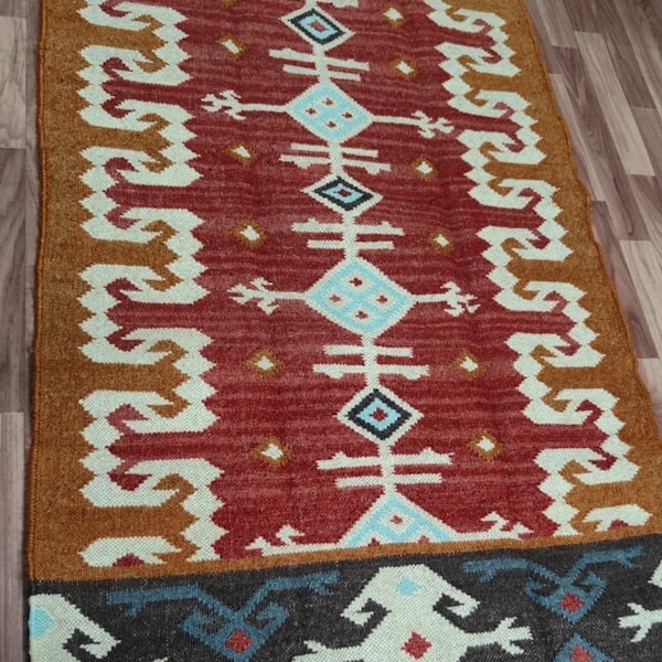 Wool and Jute Rug in Red Color, Handmade Kilim Dhurrie Rug, Traditional ...