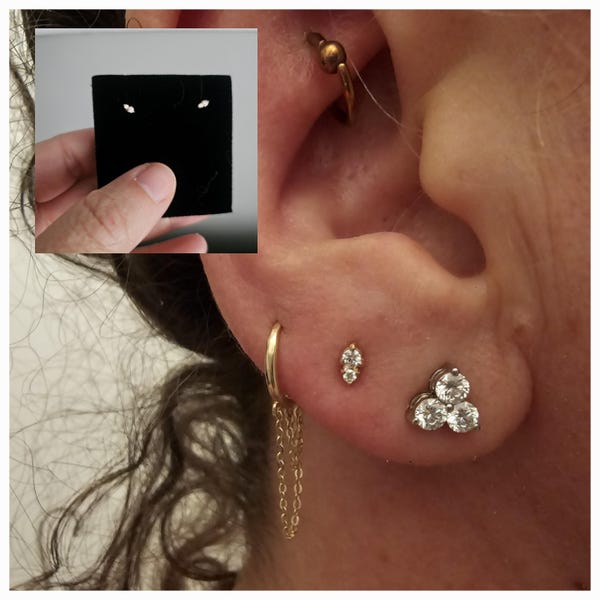 14k Gold Two Diamond Stud, Second Hole Stud, Tiny Post Earring, Mutiple ...