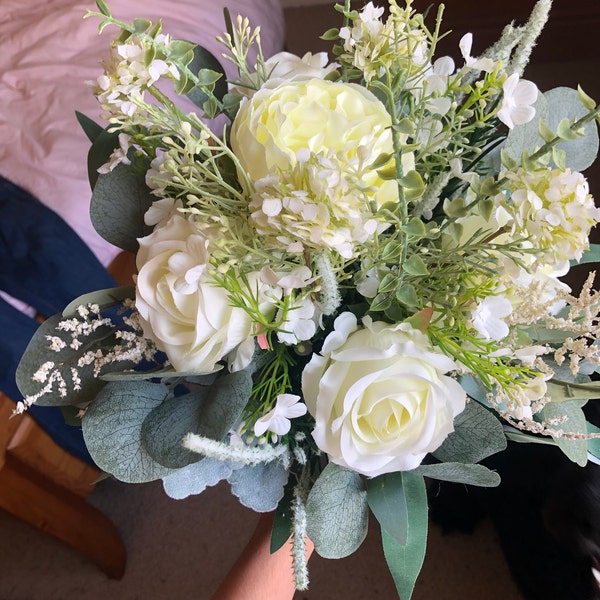 White Rose Bridal Bouquet, Classic Wedding Bouquet, Rustic Boho Flower ...