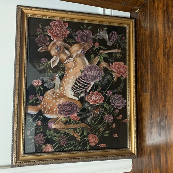 Fawn Deer With Birds and Flowers Gothic Botatnical Art Giclee Print ...