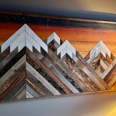 Rustic Mountain Wood Wall Art Asymetrical With Sunset. Hand Crafted ...