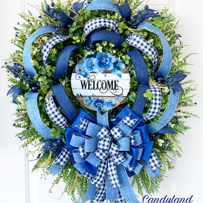 Welcome Sign, Blue White Roses Sign, Year Round Sign, Everyday Sign ...
