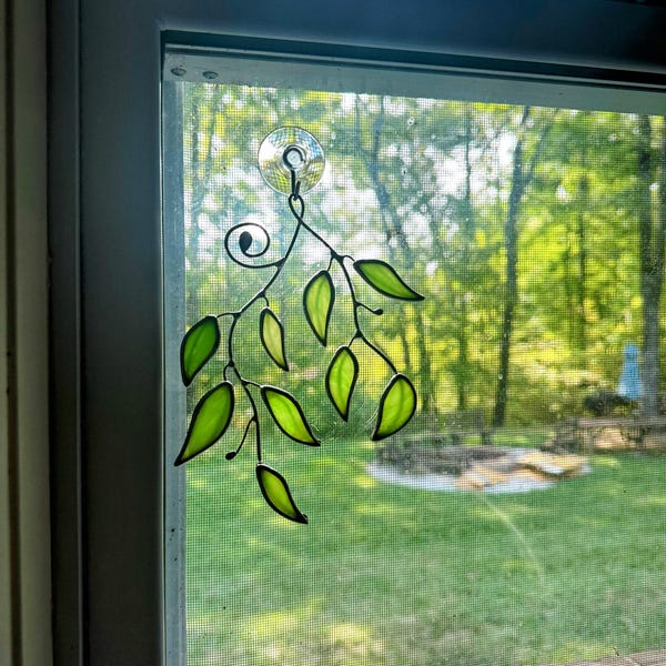 Stain Glass Leaves in Light Wispy Blue Plant Suncatcher Window Decor ...