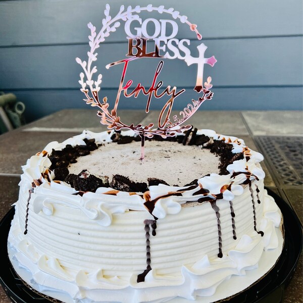 God Bless Cake Topper, Baptism Cake Topper, Wreath Christening Cake ...