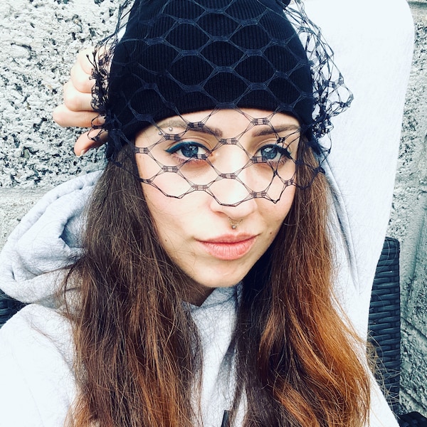 Beanie Hat, Veiled Black Beanie Hat With Veil in Waffle Net, Funeral ...