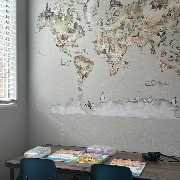WORLD MAP Wall Decal for Kids, World Map Wall Decal, Wall Decal Animals ...