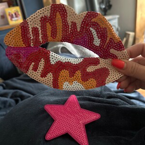Large Sequin Lips Patch. 70s Retro Glamour. Iron on or Sew on Large Appliqué Kiss. Large ...