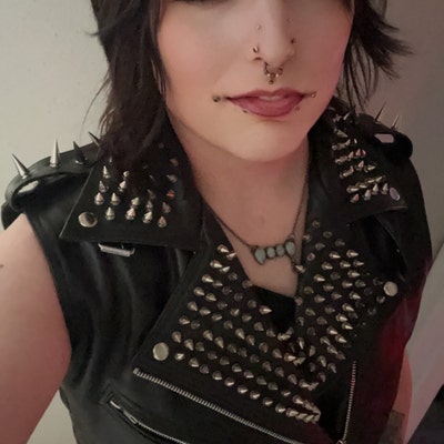 VEST JACKET HANDMADE Men Black Punk Silver Long Spiked Studded Leather ...