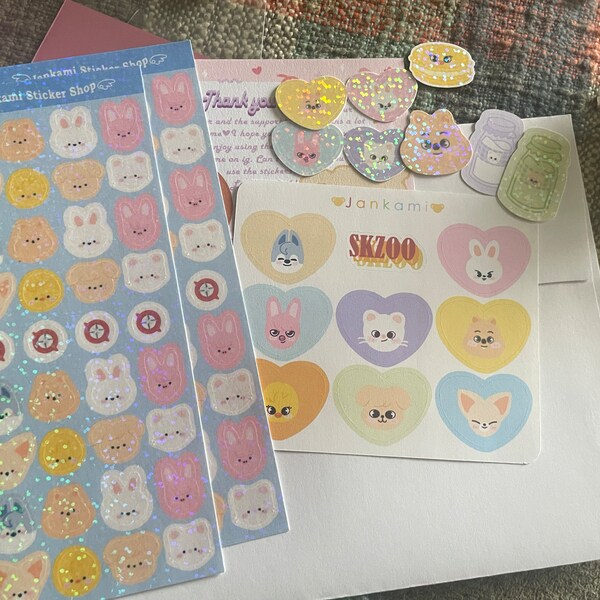 Stray Kids SZKOO Sticker Flakes 16 Flakes & SKZOO Heart Sticker Sheet k ...