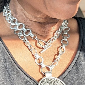 Long Statement Bold Chain Pendant, Antique Silver Disk Pendant, Silver ...