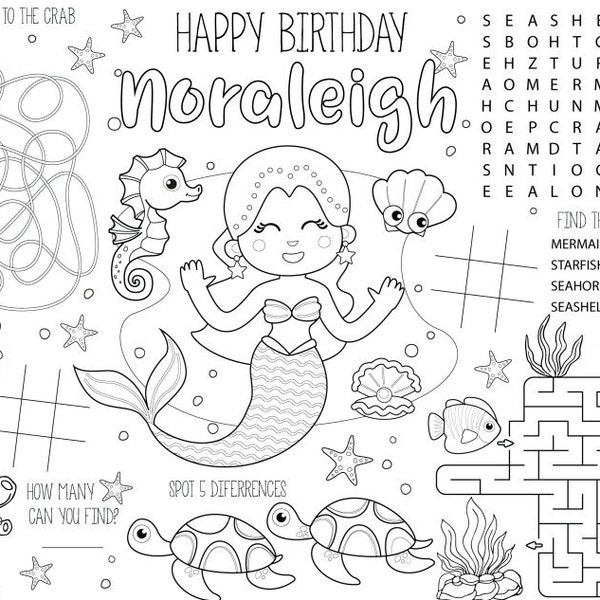 Mermaid Coloring Placemat DIGITAL | Sea Life Party Activity | Kids ...