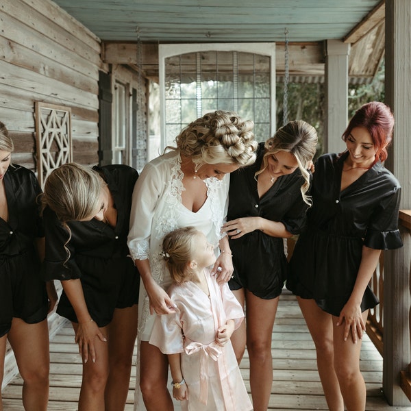Bridesmaid Robe in Black, Bridesmaid Satin Romper With Ruffle Trim ...