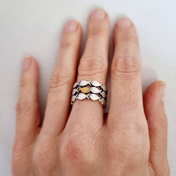 Swimming Against the Current. Sterling Adjustable Ring. School of Fish ...