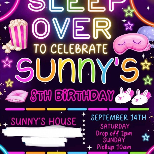Editable Sleepover Birthday Invitation, Neon Sleepover Invite, Slumber ...