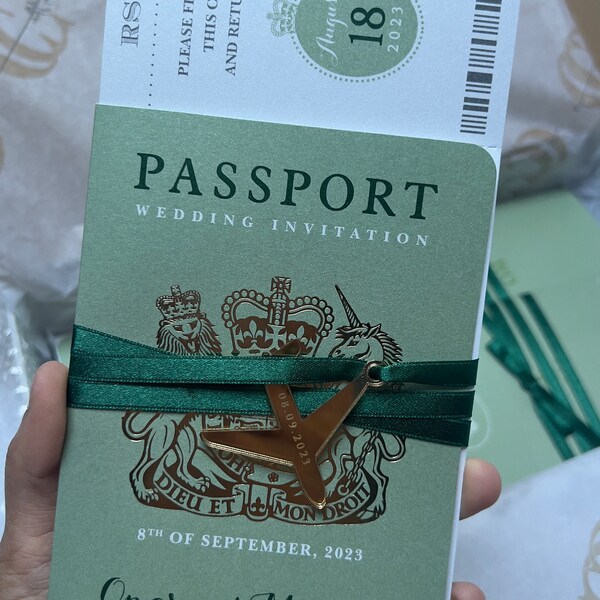 Sage Green Passport Wedding Invitation Luxury Engraved Plane In Gold 3786