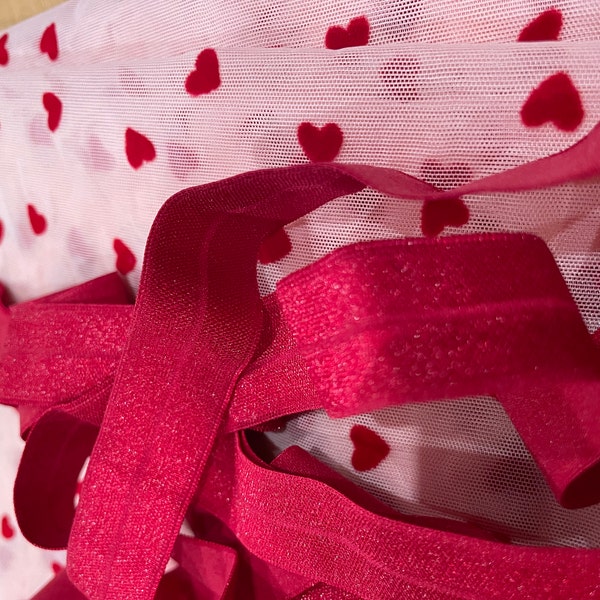 4 Way Stretch Tulle Fabric With Red Velvet Hearts, Pink Stretchy Mesh ...