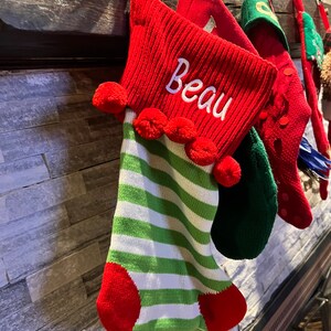 Pom Pom Knit Stocking, Red or Green Knit Stocking,monogram Christmas ...