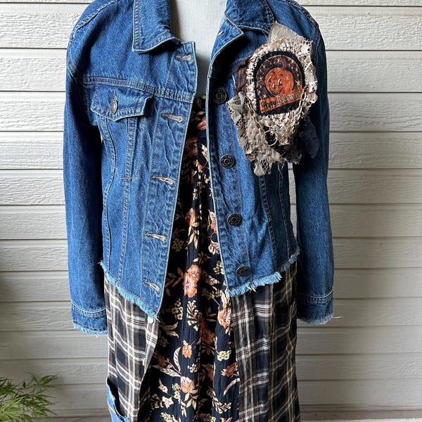 Denim Jean Vest Distressed Hippie BOHO Frayed Refashioned Embellished ...