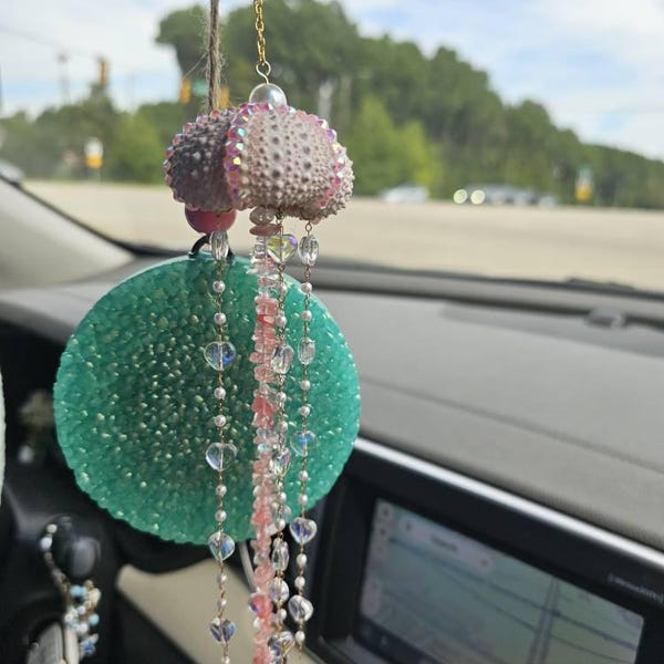 Sea Urchin Jellyfish Car Charm: Pink Crystal & Pearl Coastal Ornament ...
