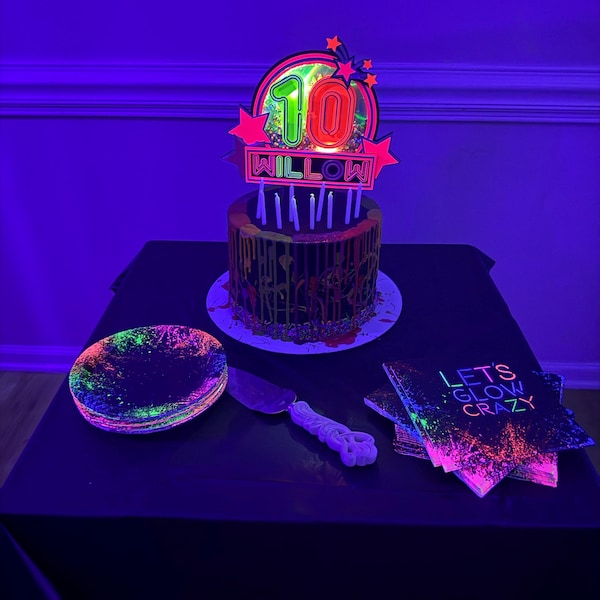 Neon Theme Cake Topper | Personalized Cake Topper | Glow in the Dark ...