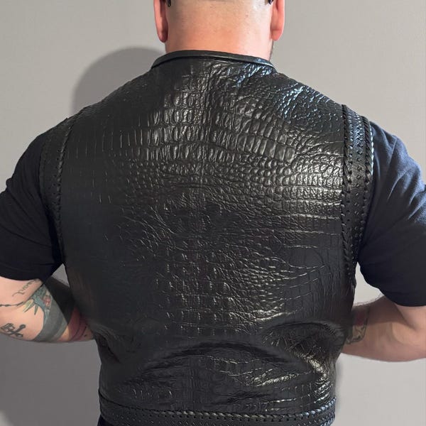Gator Embossed Leather Vest for Bikers. 100% Handcrafted Vest. Hand ...