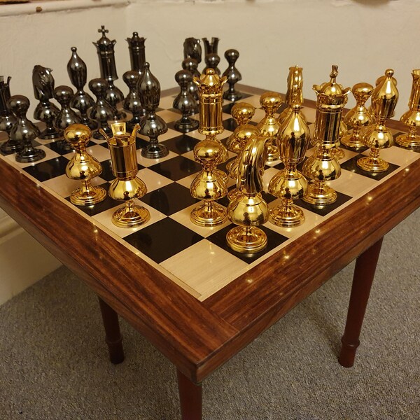 14" Brass Metal Chess Set With Brass Chess Board and Velvet Storage Box ...