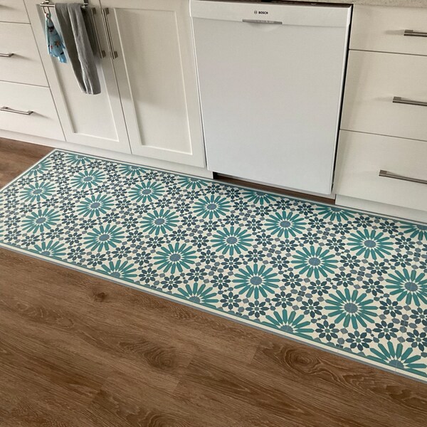 Blue and Turquoise Vinyl Kitchen Rug, With Moroccan Tiles Design ...