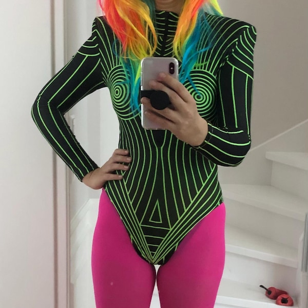 Green Neon Bodysuit, UV Glow Bodysuit, Festival Costume, UV Light ...