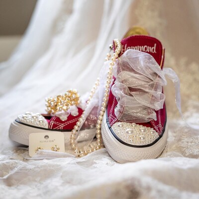Pearl Toe Wedding Sneaker, Ribbon Laces, Bling, Bride Shoes, Wedding ...