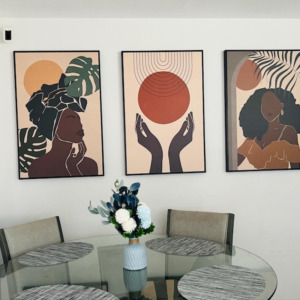 Tryptic Boho Wall Art Prints, 3 Piece Framed Canvas Wall Art, Sun Rays ...