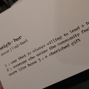 Neighbor Definition Greeting Card in Typewriter Font With Envelope and ...