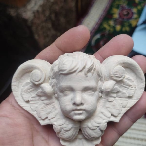 Angel Head Carved Wood Applique, Angel With Wings, Carved Angel ...