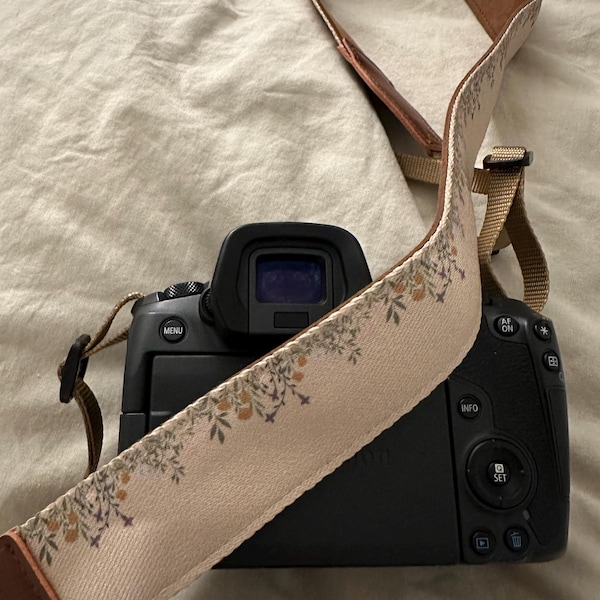Flower Field Tan Camera Strap Design With Brown Vegan Leather ...