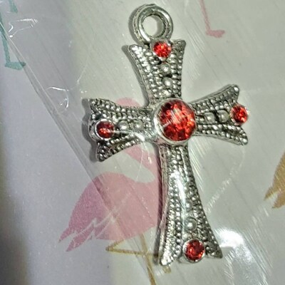 Cross 25mm Antique Silver Tone and Red Rhinestone Single Sided ...