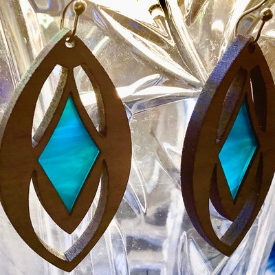 Mosaic Stained Glass Earrings // Teardrop // Mahogany Wood // Bright ...