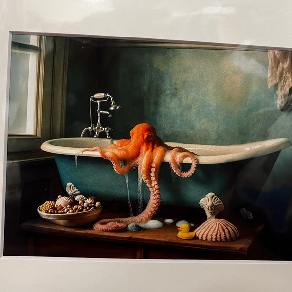 Octopus in the Bathtub Oil Painting | Funny Bathroom Wall Art, Octopus ...