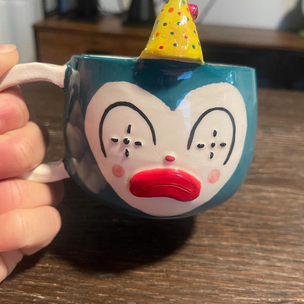 Cute Clown Mug - Handmade Ceramic Coffee Mug, Kawaii Tea Cup, Unique ...