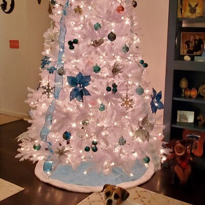 Large Christmas Tree Topper Bow White Ribbon With Teal Glitter ...