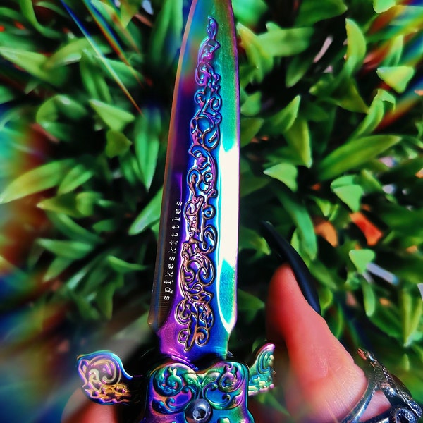 Athame / Dagger - Aurora Borealis Blade Ornate Folding 9 Inch Black ...