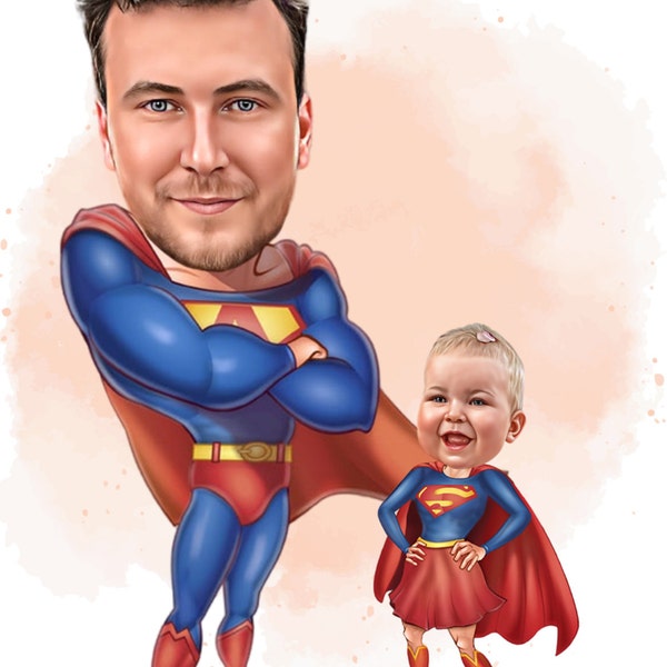 Custom Super Dad and Daughter Cartoon Portrait, Super Dad Portrait, Dad ...