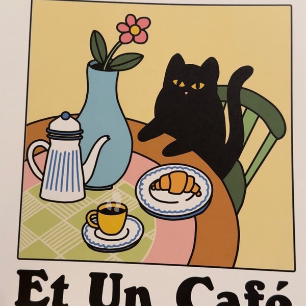 French Cafe Croissant Cat Print, Retro Drink Poster, Bistro Coffee ...