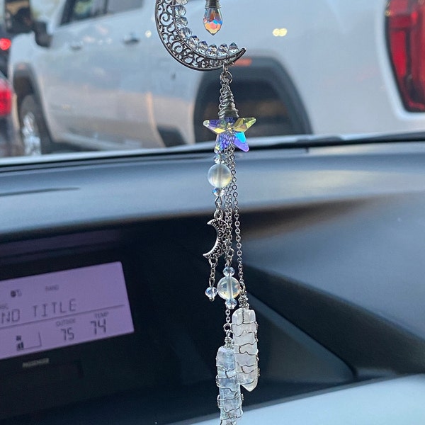 Shiny Crescent Moon Suncatcher, Rearview Mirror Car Charm, Window Decor ...