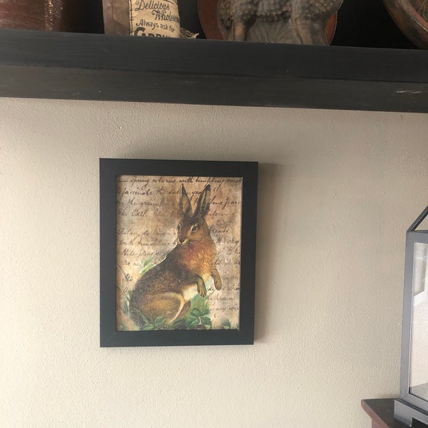 Handmade Primitive Folk Art Bunny Rabbit With Clover Print on Canvas ...