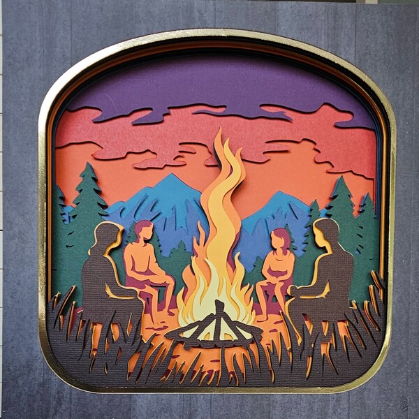 Camp Fire Shadow Box SVG Template, Mountain Forest Hiking 3D SVG ...