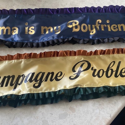 PERSONALISED 'DIAMANTE' SASH Satin Ribbon With Frills & Bling Trim ...