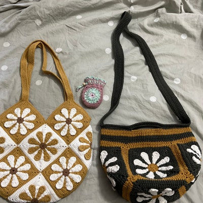 Crochet Daisy Bag, Granny Square Bag, Mustard Afghan Bag, Flower Tote Bag, Retro Shoulder Bag ...