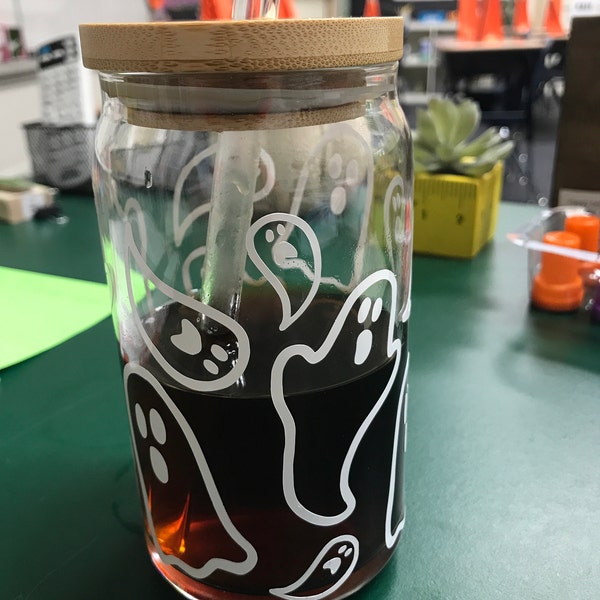 Ghost Coffee Can Glass, Halloween Glass Can, Iced Coffee Glass, Beer ...